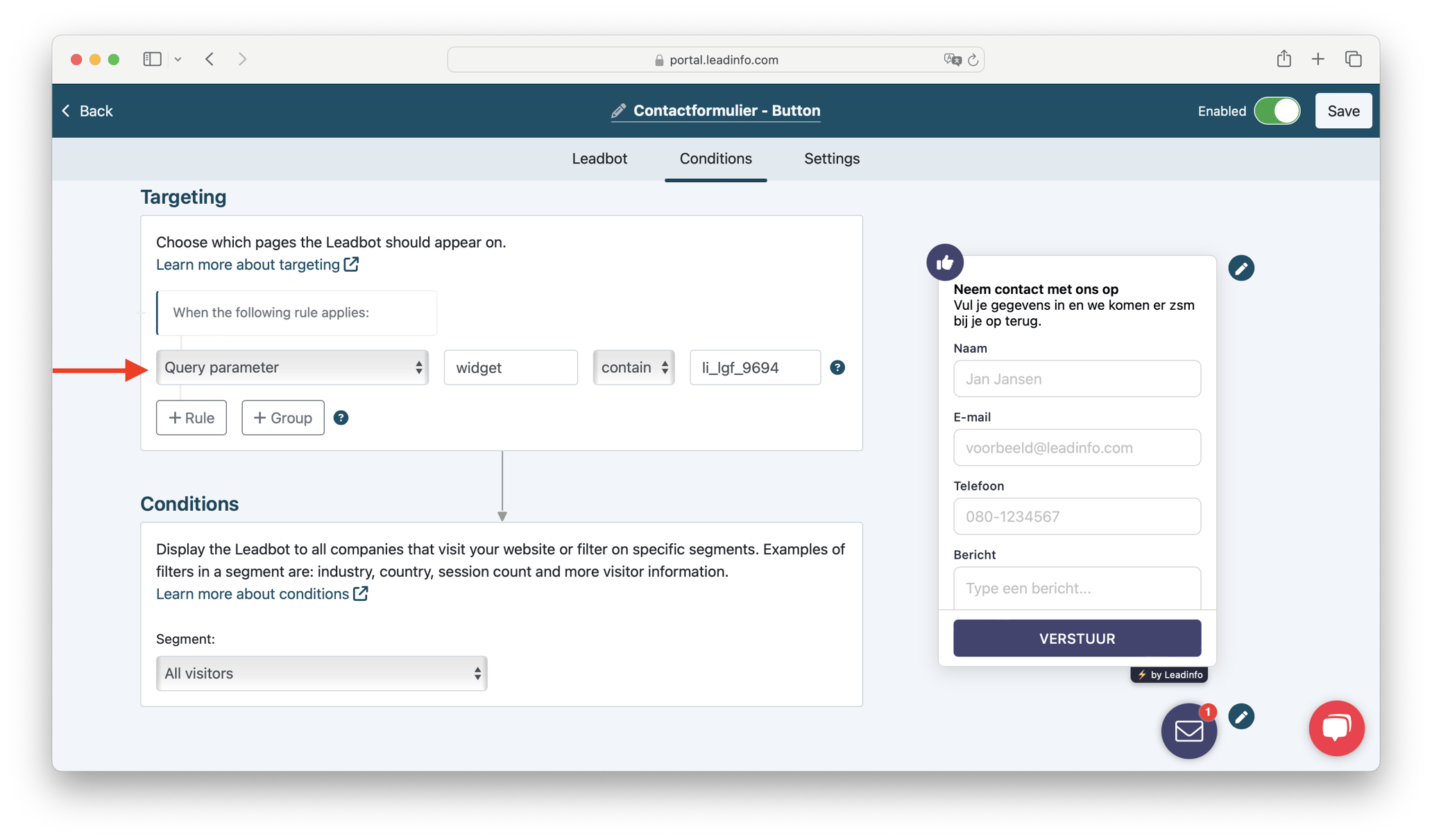 Leadbot activeren via een Link